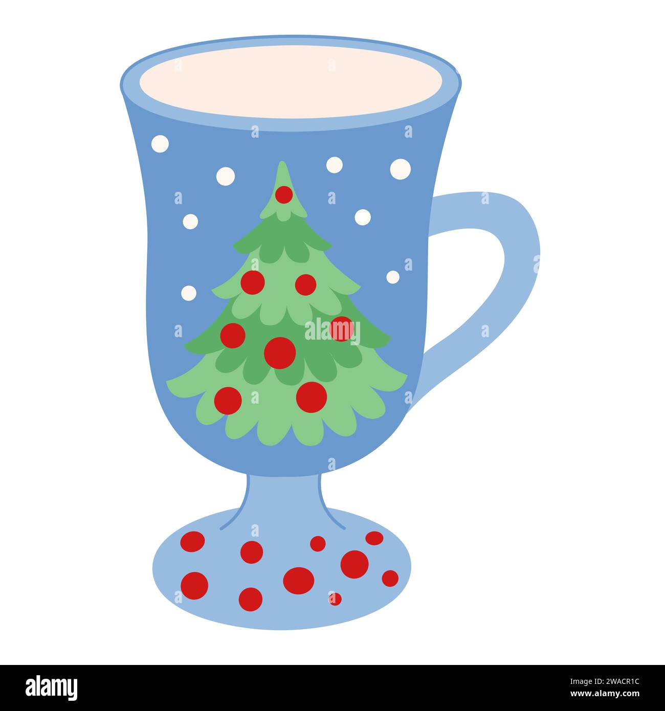 Cute holiday blue mug with a decorated Christmas tree. Cup of tea, hot ...