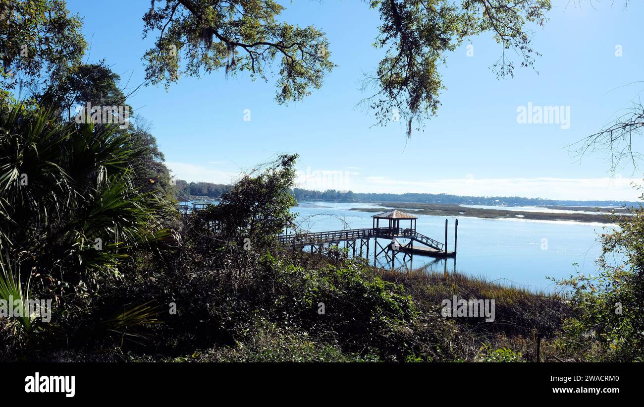 View from Pritchard Pocket Park of a private boat and fishing pier on ...