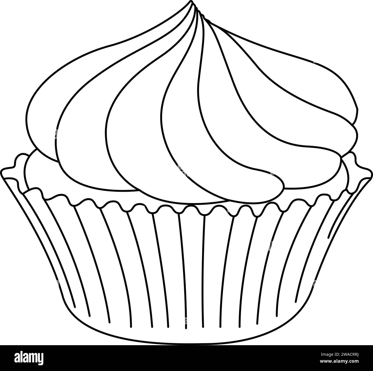 Cute dessert sweets food. delicious cupcake with cream. Isolated on white background. line art ...