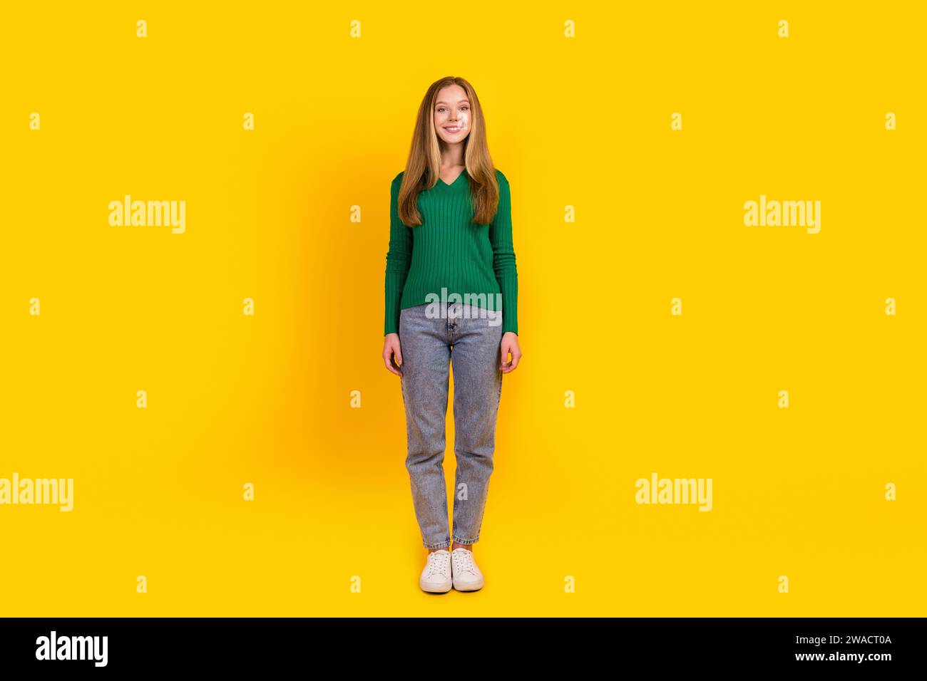 Full Body Length Photo Of Attractive Teenager Young Girl Wearing Jeans Green Pullover To College