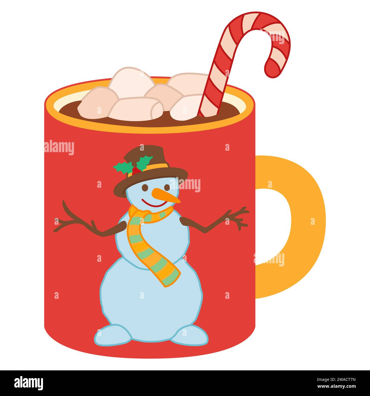 Cute holiday mug with snowman. Hot chocolate with marshmallows and ...