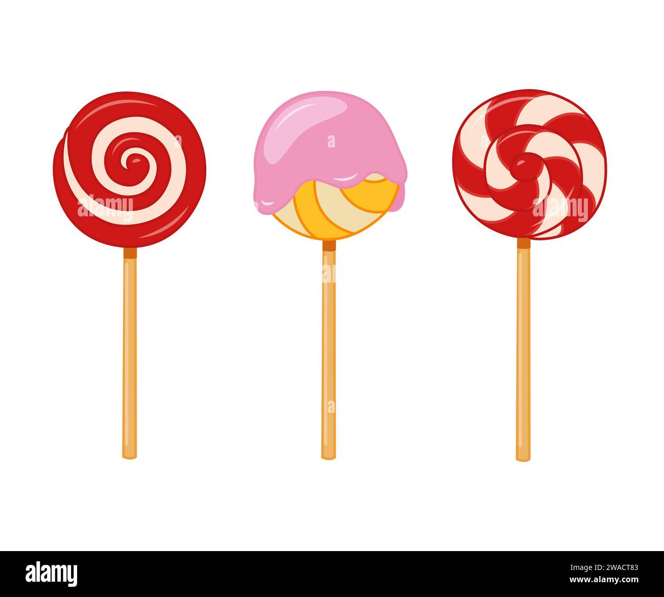 Lollipop with spiral, twisted sucker candy on stick. Vector cartoon set ...