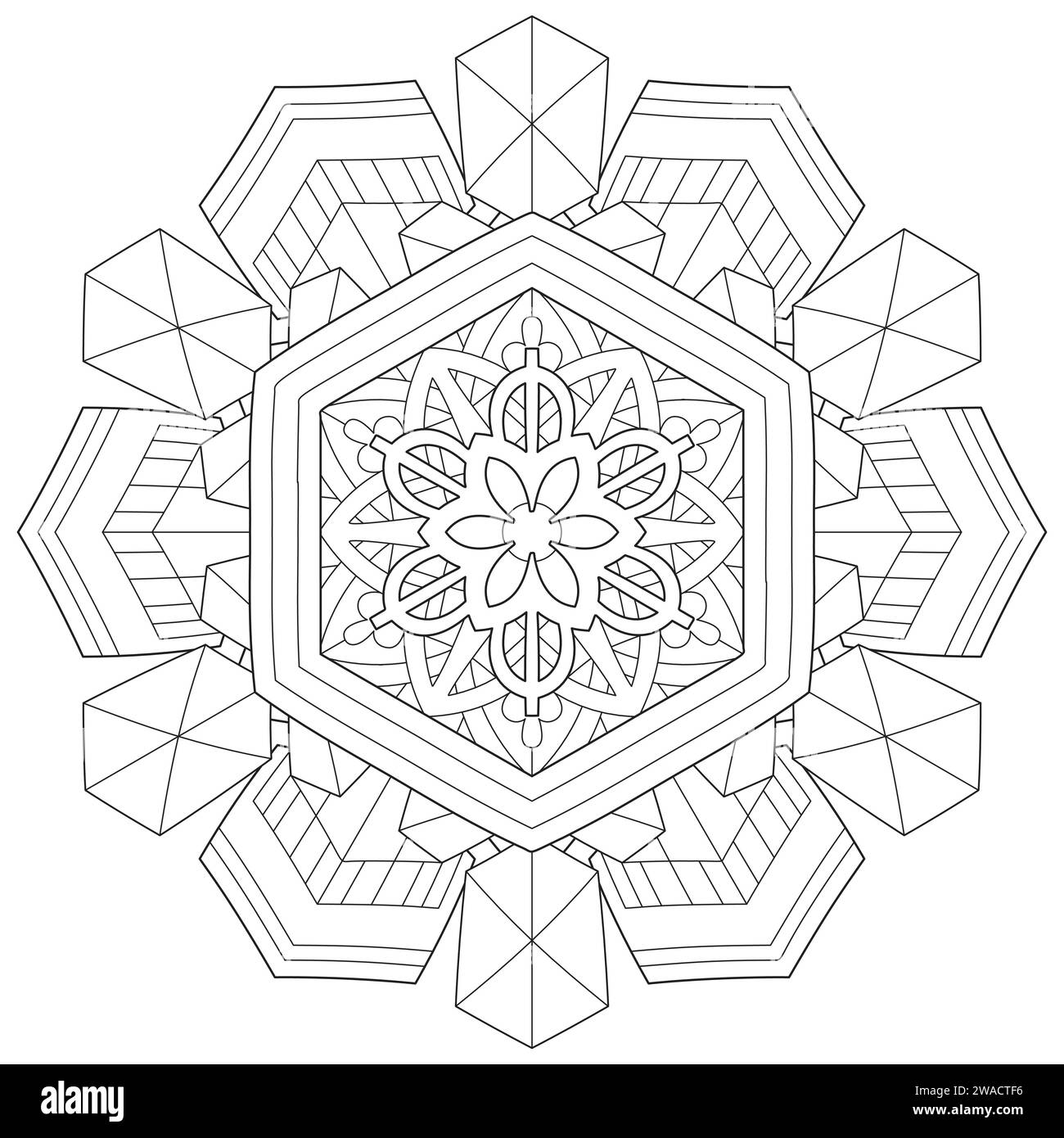 Abstract mandala snowflake line art design Black and white. Coloring ...