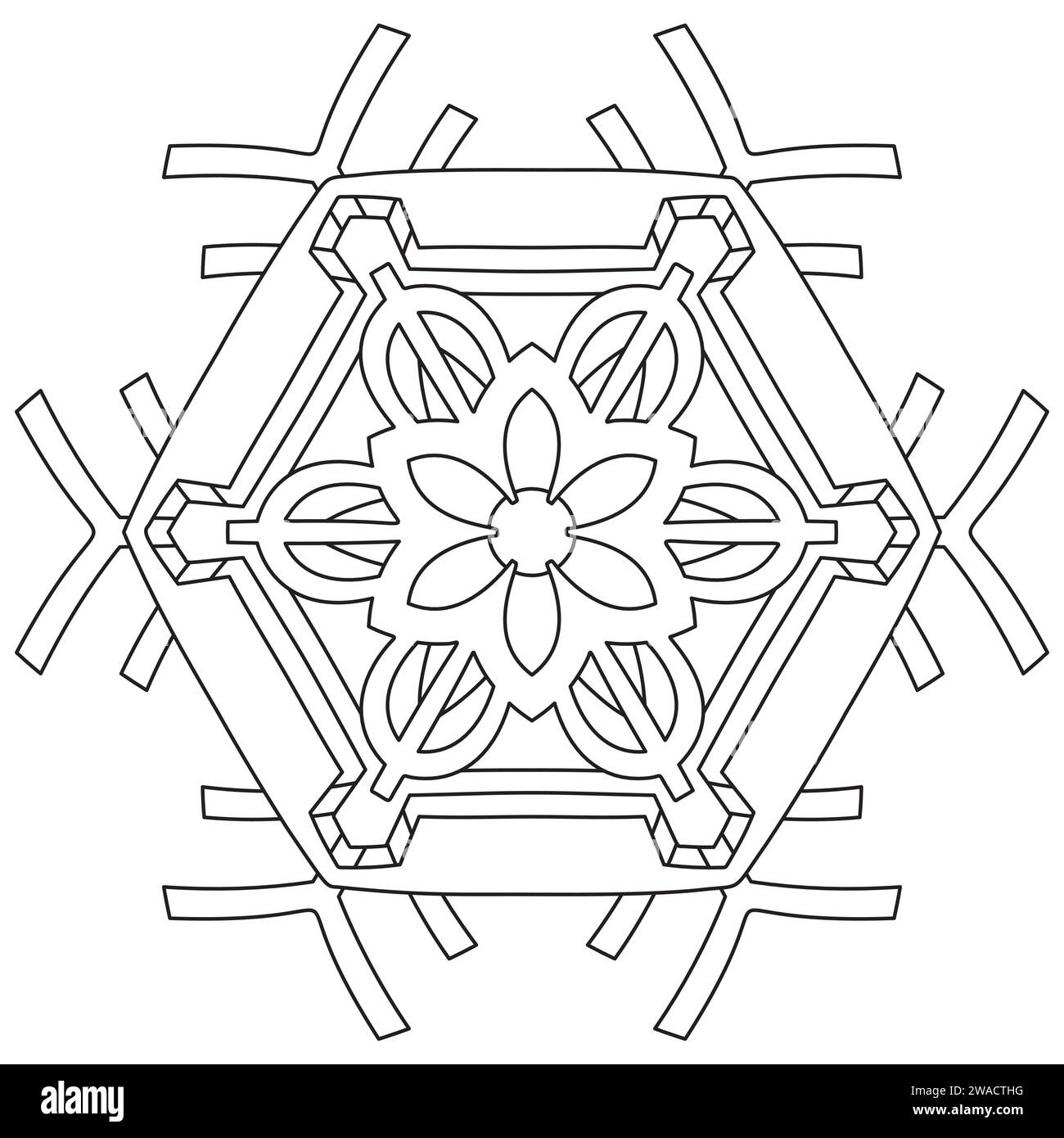 Abstract mandala snowflake line art design Black and white. Coloring ...