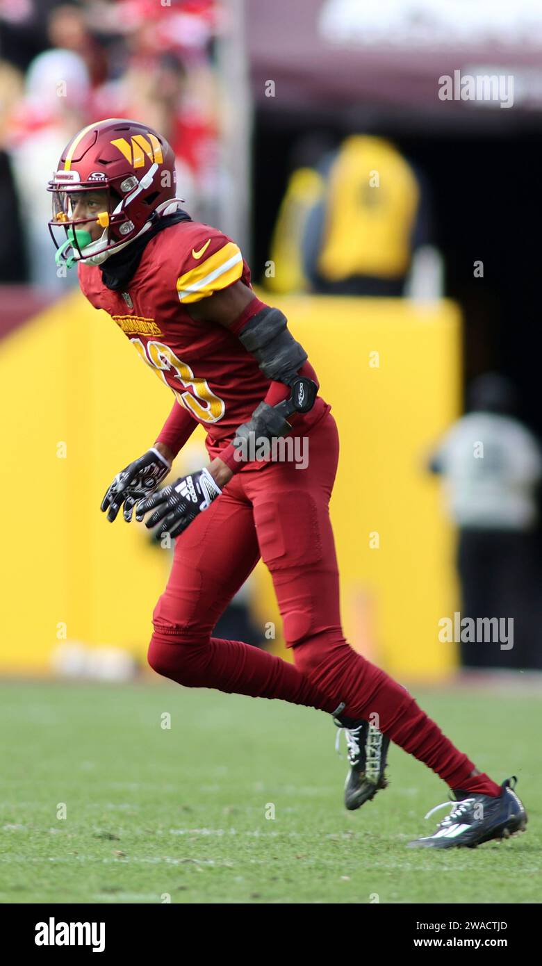 Washington Commanders cornerback Emmanuel Forbes (13) runs during an ...