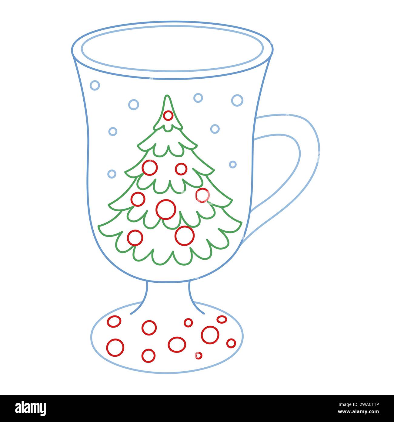 Cute holiday blue mug with a decorated Christmas tree. Cup of tea, hot ...