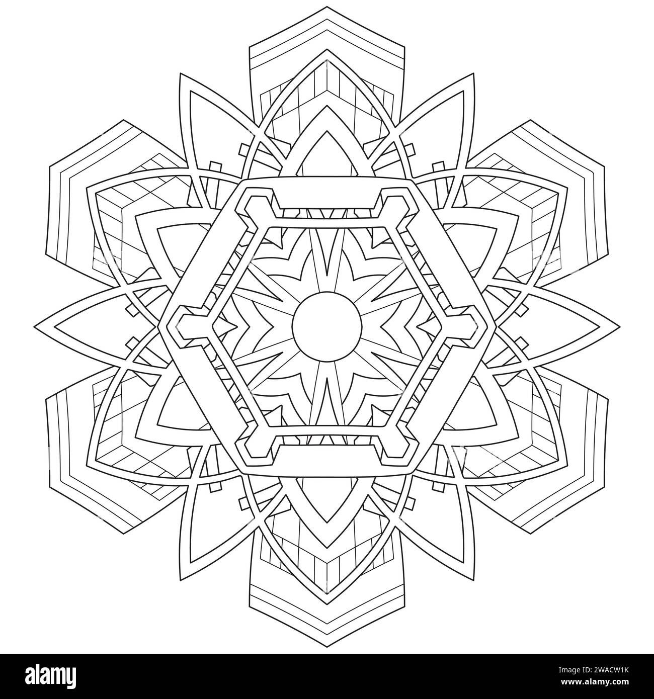 Abstract mandala snowflake line art design Black and white. Coloring ...