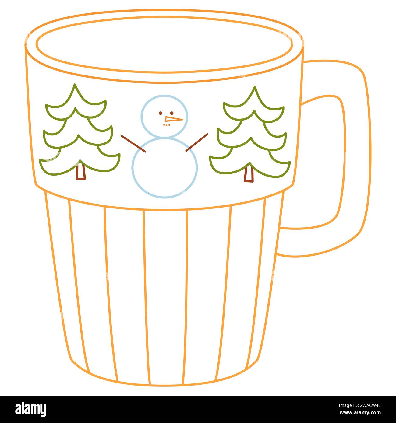 Yellow mug with Christmas tree and snowman in flat style. Cup of tea ...