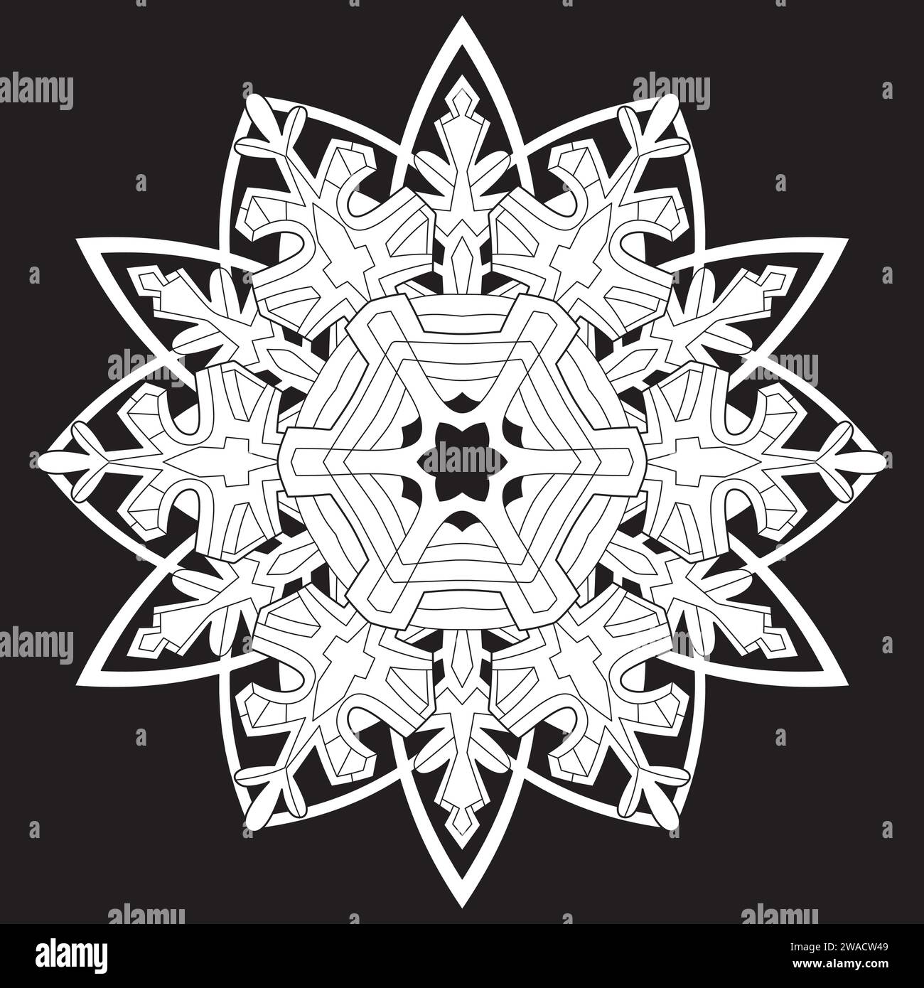 Abstract mandala snowflake line art design on Black Background ...