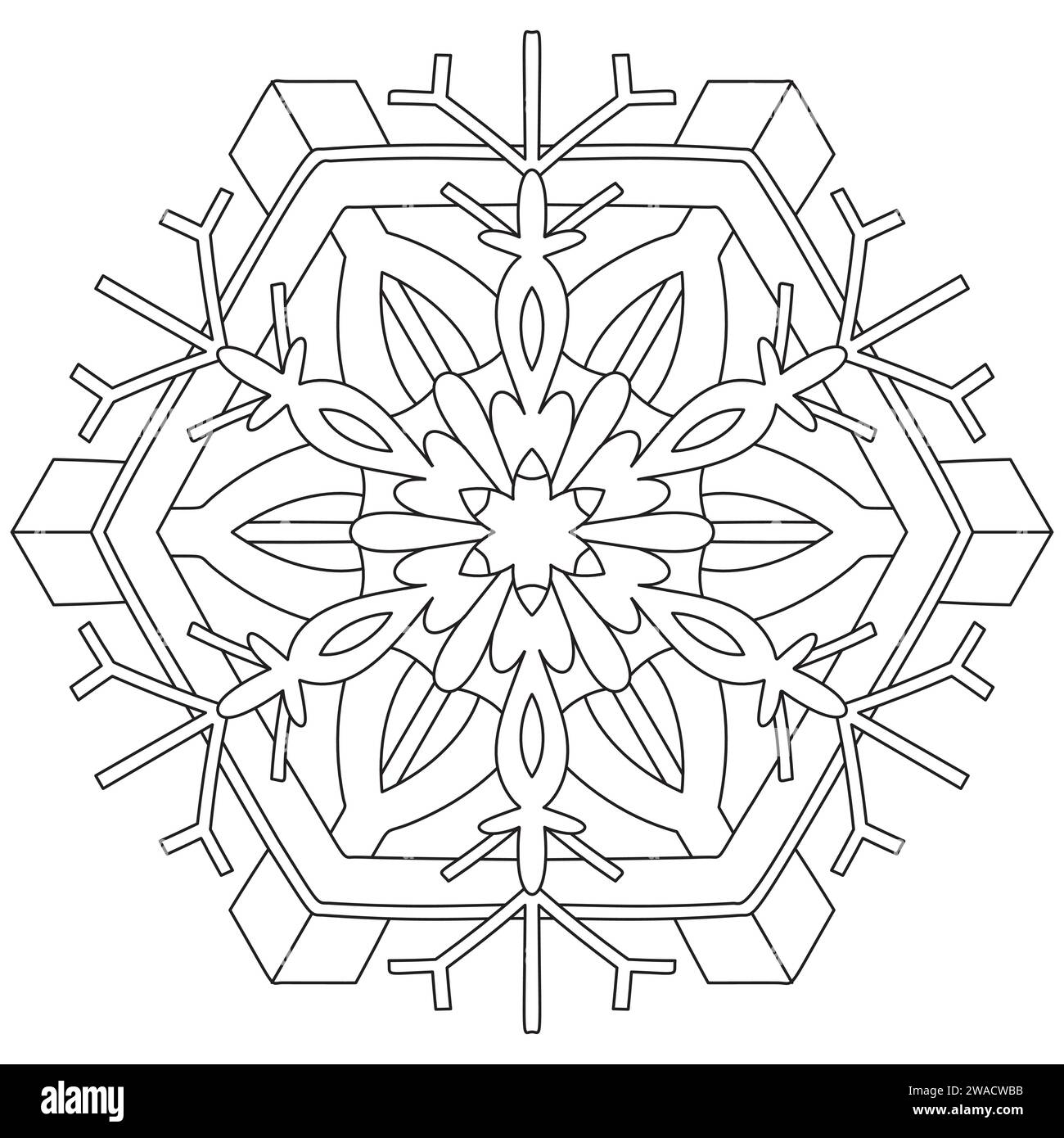 Abstract mandala snowflake line art design Black and white. Coloring ...