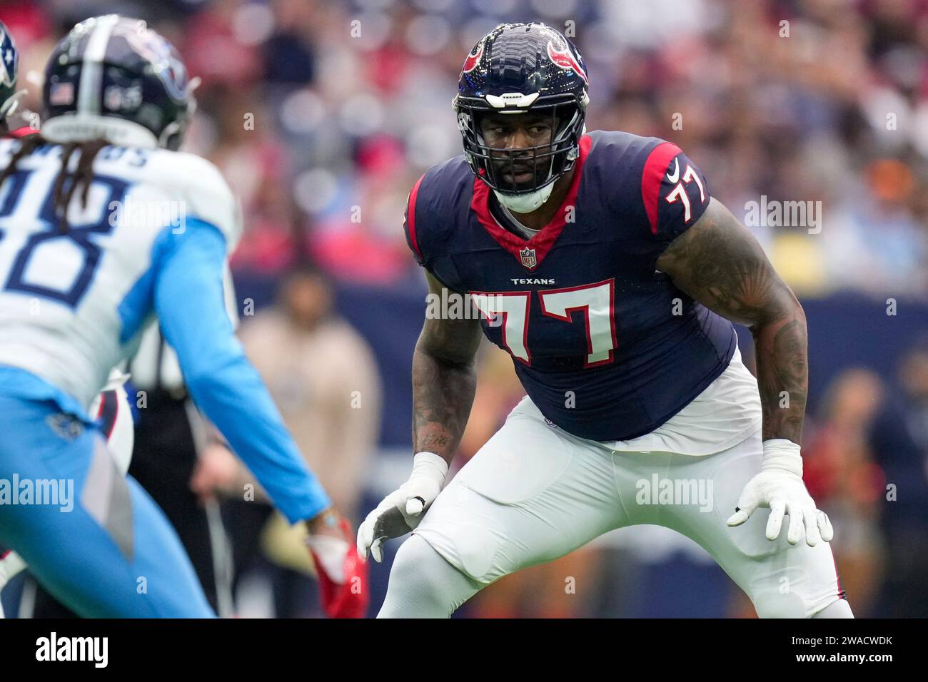 Houston Texans offensive tackle George Fant (77) plays against the ...