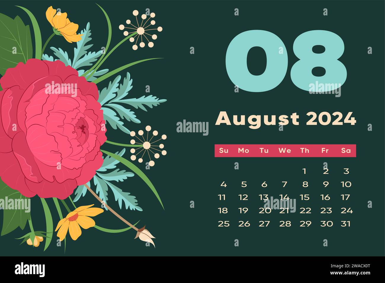 Floral August 2024 calendar template. With bright colorful flowers and ...