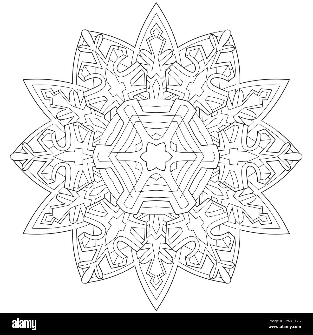 Abstract mandala snowflake line art design Black and white. Coloring ...