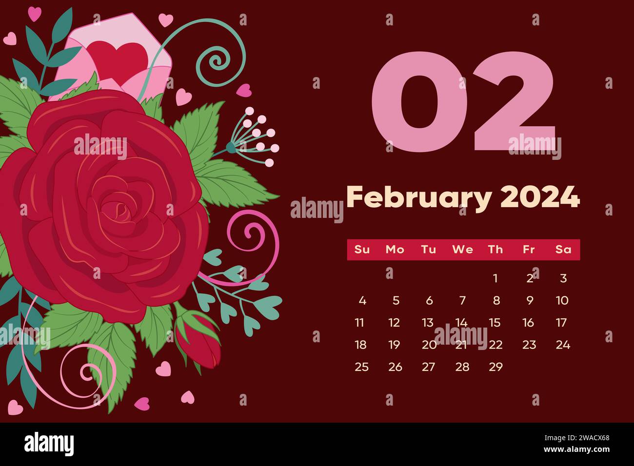 Floral February 2024 calendar template. With bright colorful flowers ...
