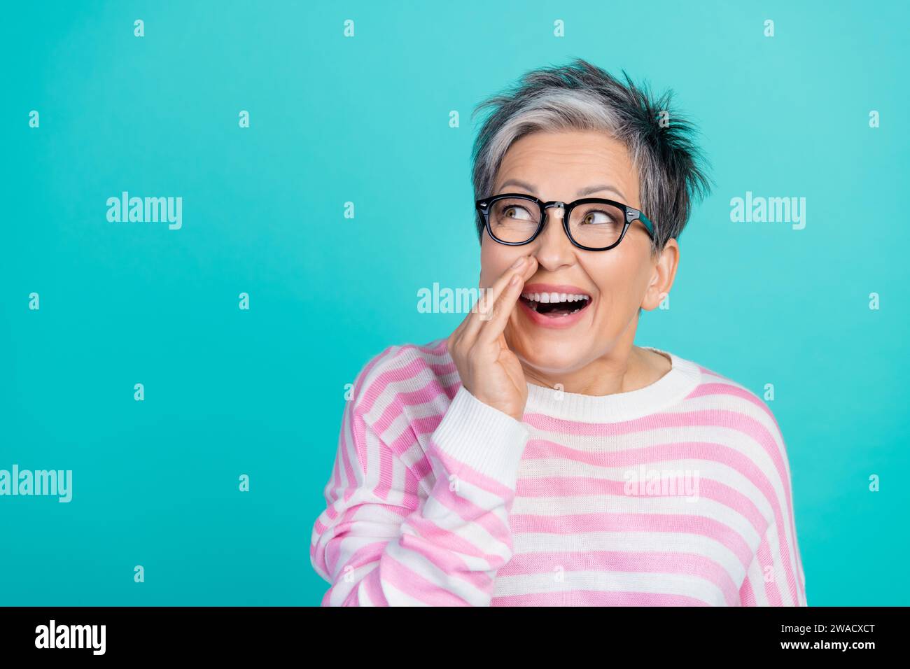 Photo of impressed tricky woman dressed pink pullover telling secret ...
