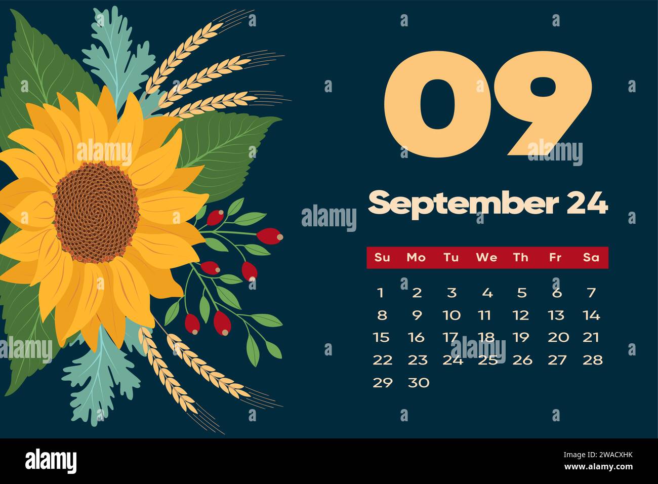 Floral September 2024 calendar template. With bright colorful flowers ...