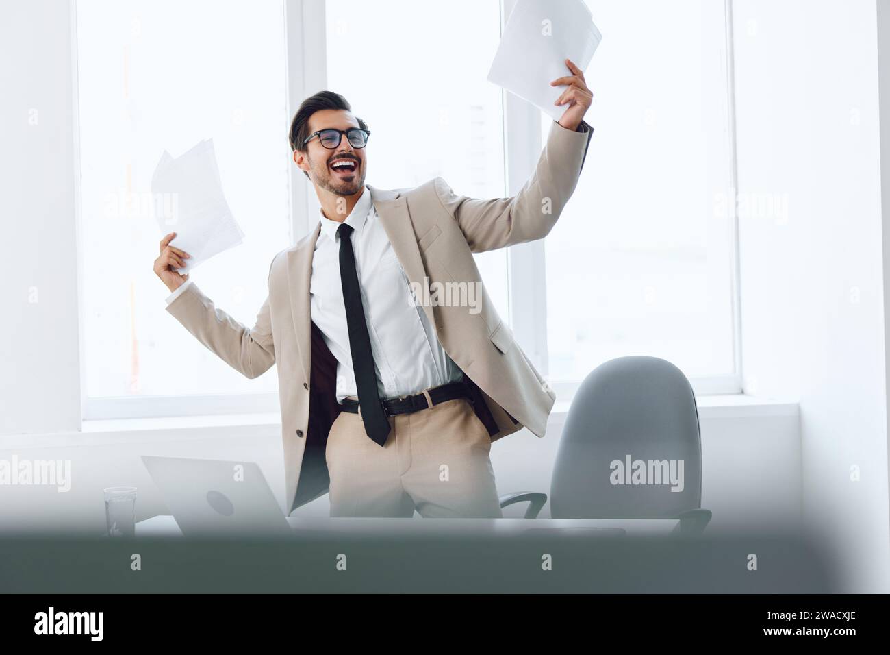 Company office planning laptop executive happy paper businessman ...