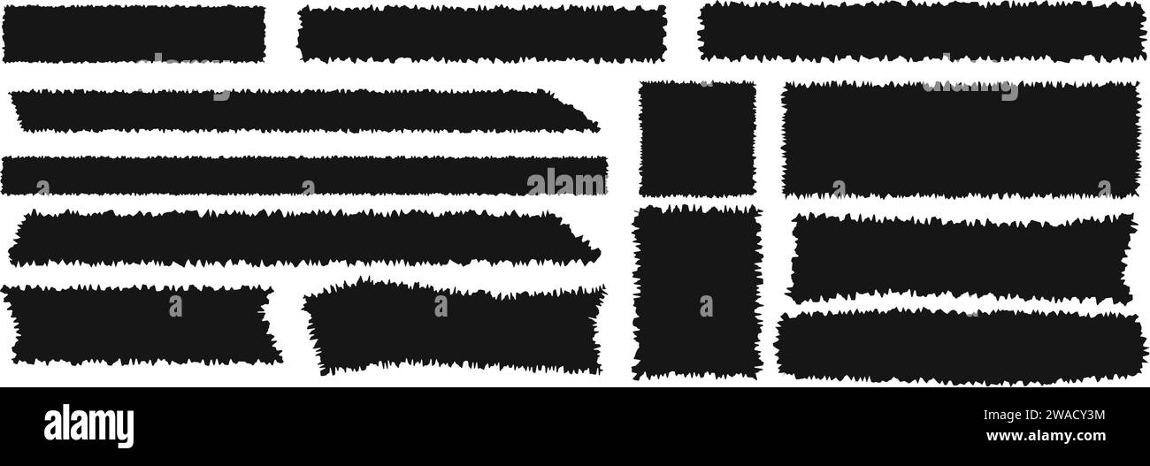 Set of different torn paper textures. Black rectangle shapes with ripped edges isolated on white ...