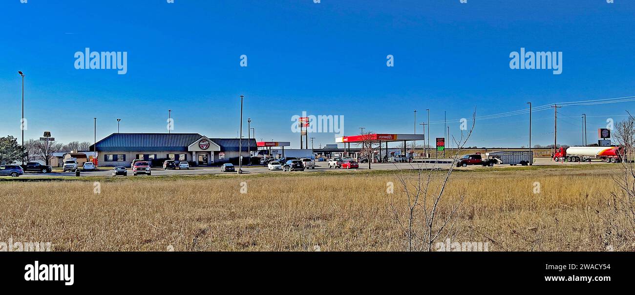 EMPORIA, KANSAS - JANUARY 3, 2024 Wide shot of the Flying J travel ...