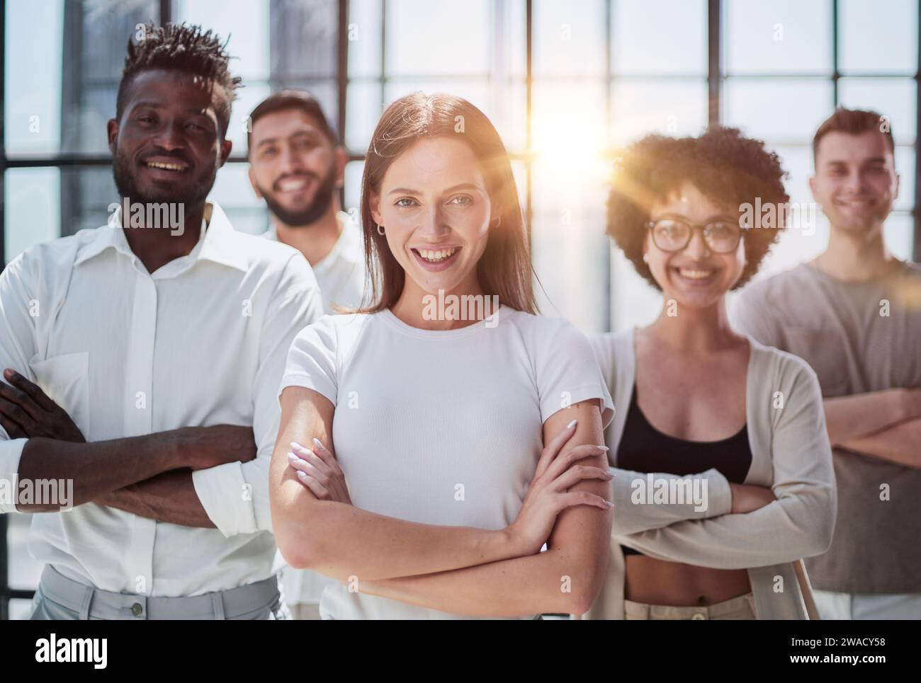 Smiling professional business leaders and employees group team portrait ...