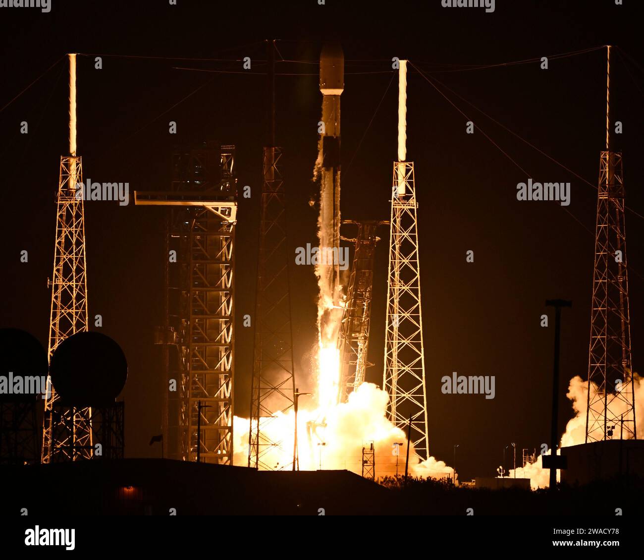 Cape Canaveral Space Force Station, Florida, January 3, 2024. A SpaceX Falcon 9 rocket launches ...