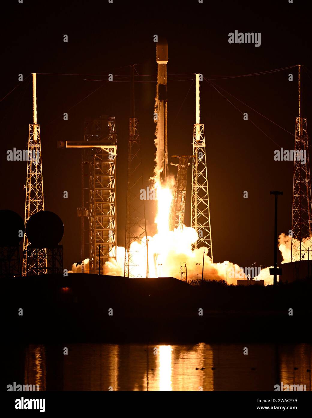 Cape Canaveral Space Force Station, Florida, January 3, 2024. A SpaceX Falcon 9 rocket launches ...