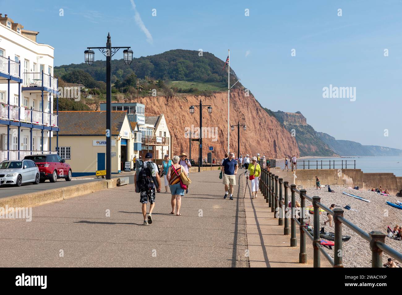 Sidmouth town centre and esplanade on hot September day, regency ...
