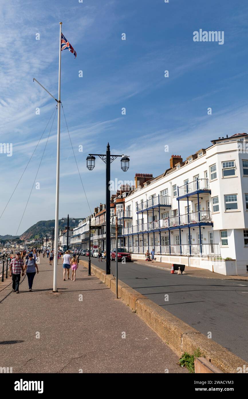 Sidmouth town centre and esplanade on hot September day, regency ...