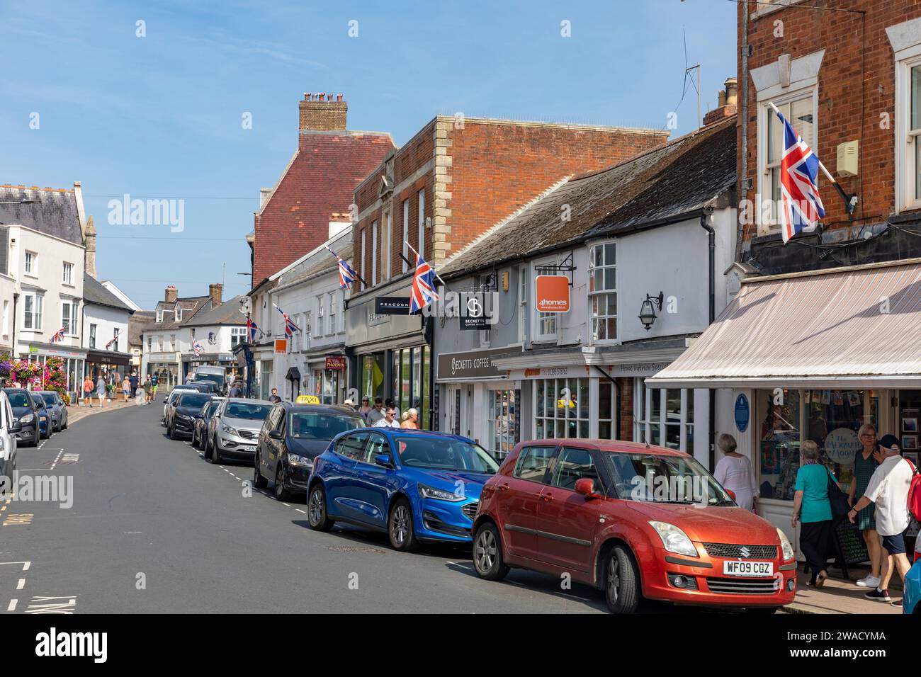 Sidmouth town centre, English town in Devon on a hot September day ...