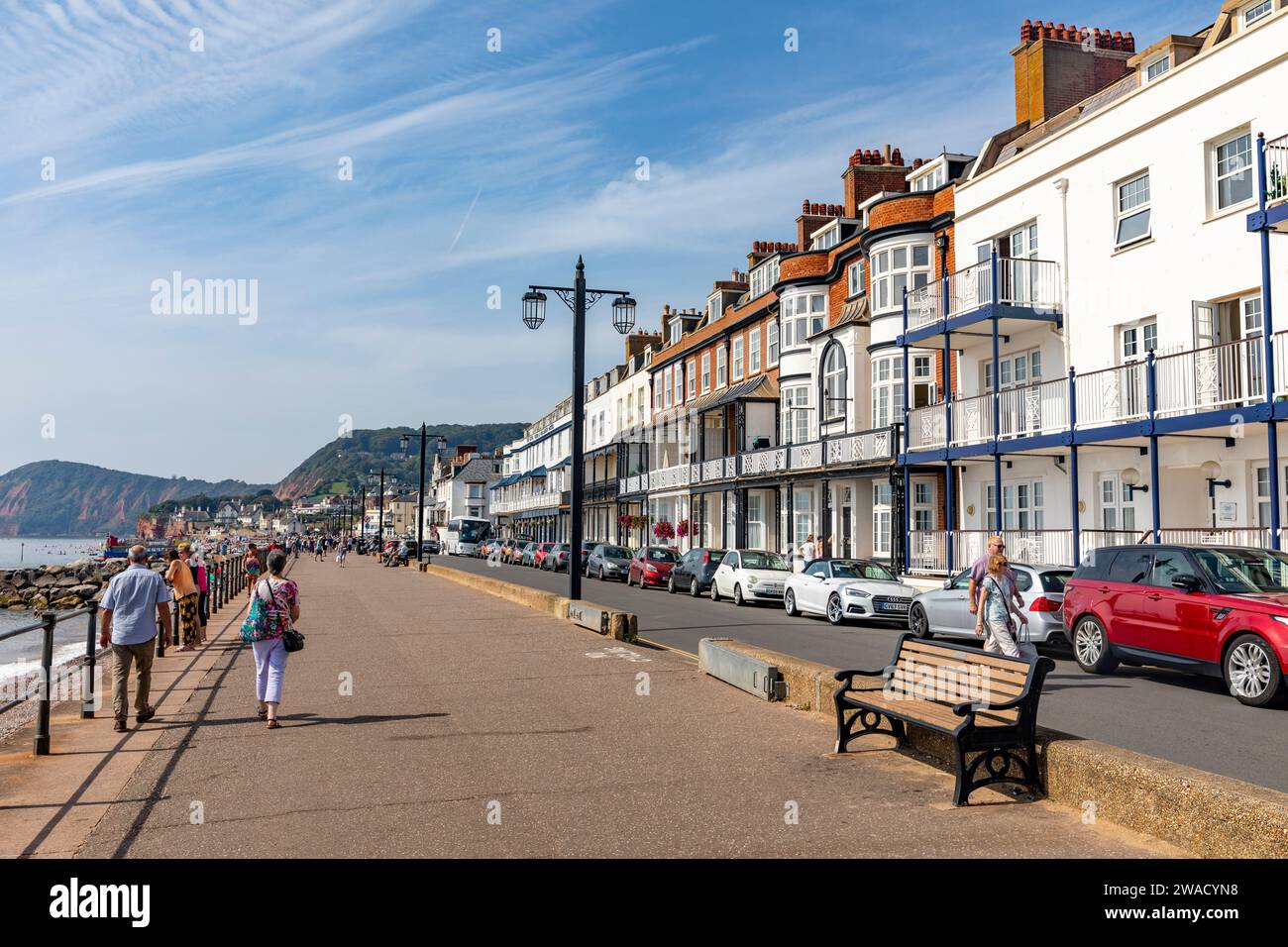 Sidmouth town centre and esplanade on hot September day, regency ...