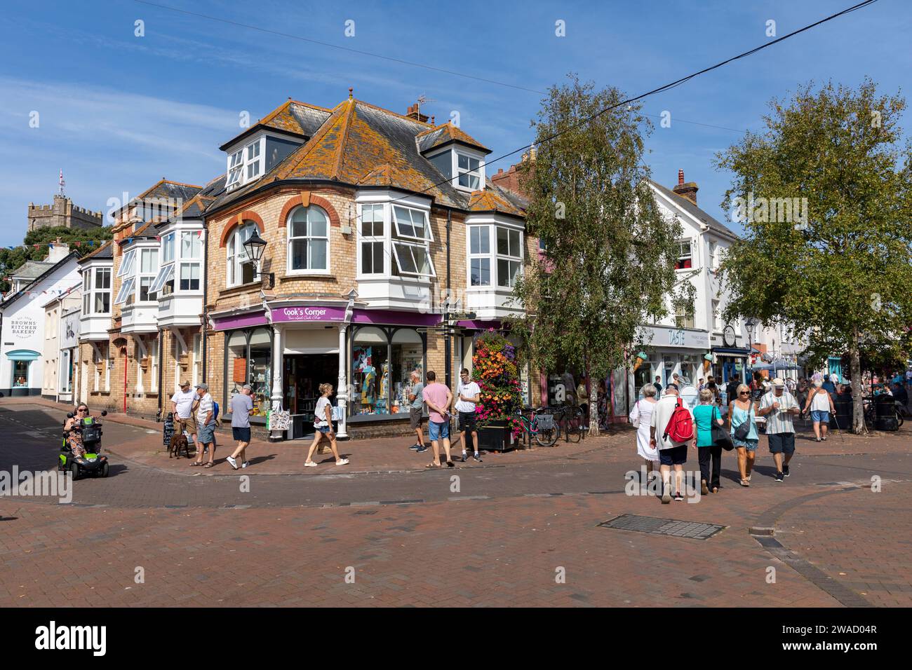 Sidmouth town centre, English town in Devon on a hot September day ...