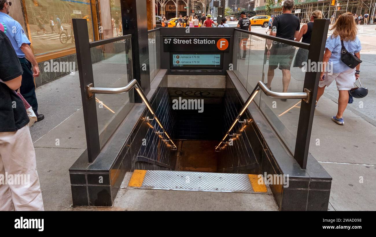 Entrance and stairs down to subway station in New York. New York City ...