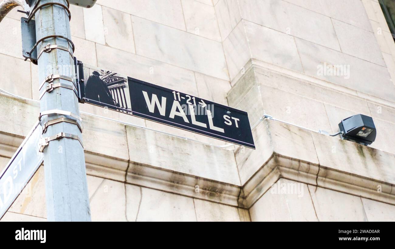 Road sign of New York Wall street corner Broad street Stock Photo - Alamy