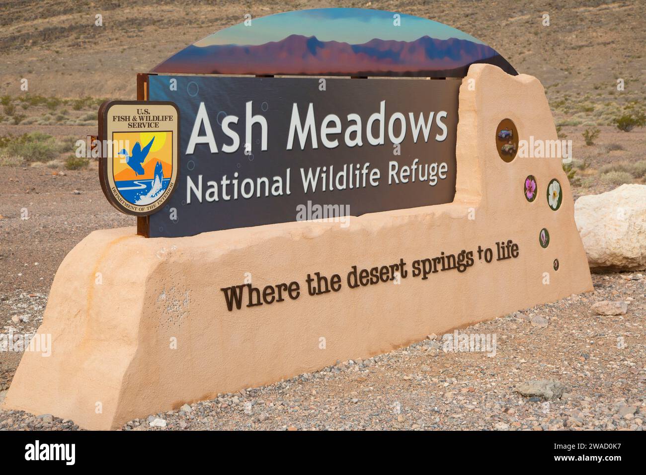 Entrance sign, Ash Meadows National Wildlife Refuge, Nevada Stock Photo ...
