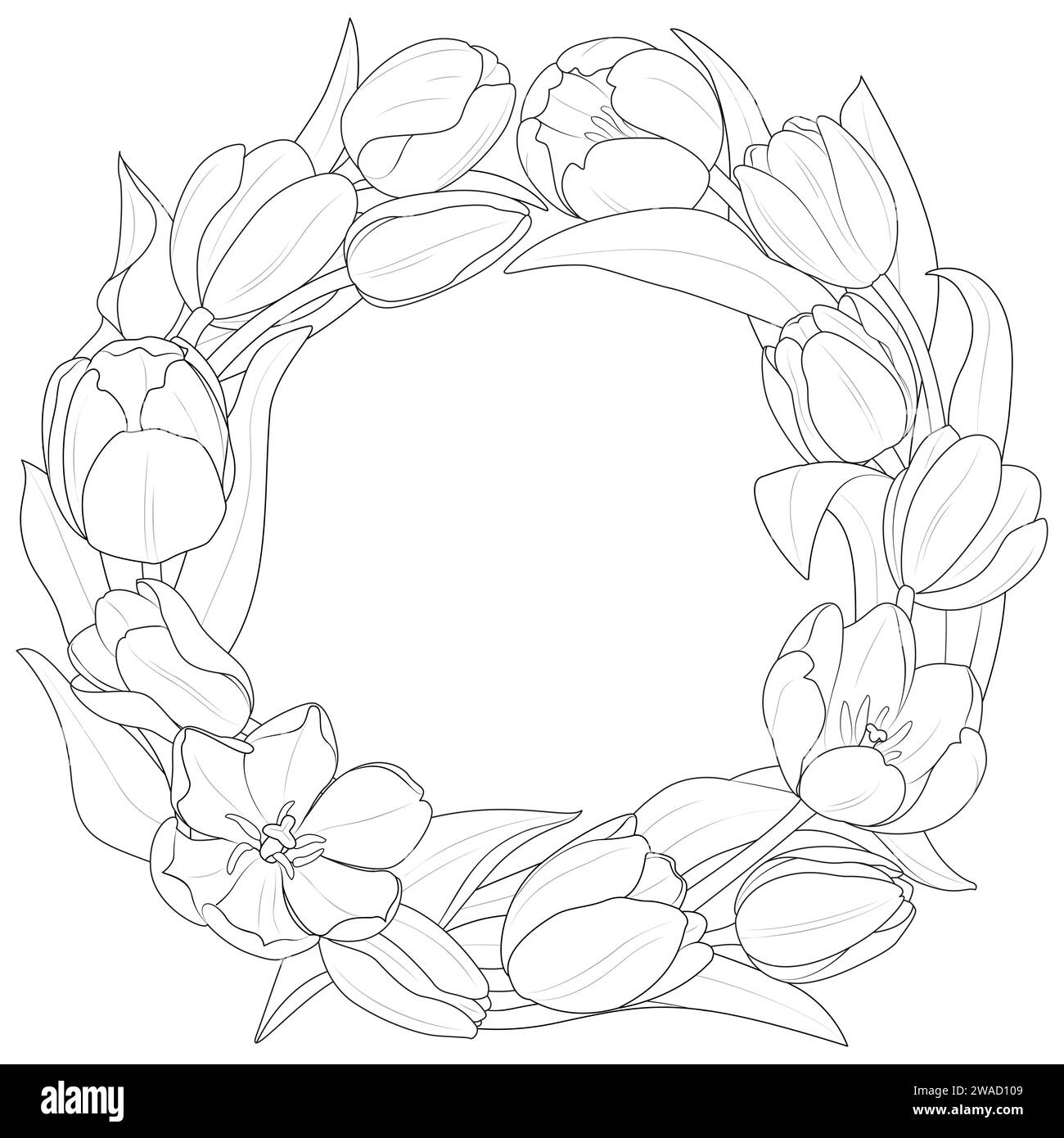 Tulip wreath. greeting card with beautiful tulips. Coloring page for ...