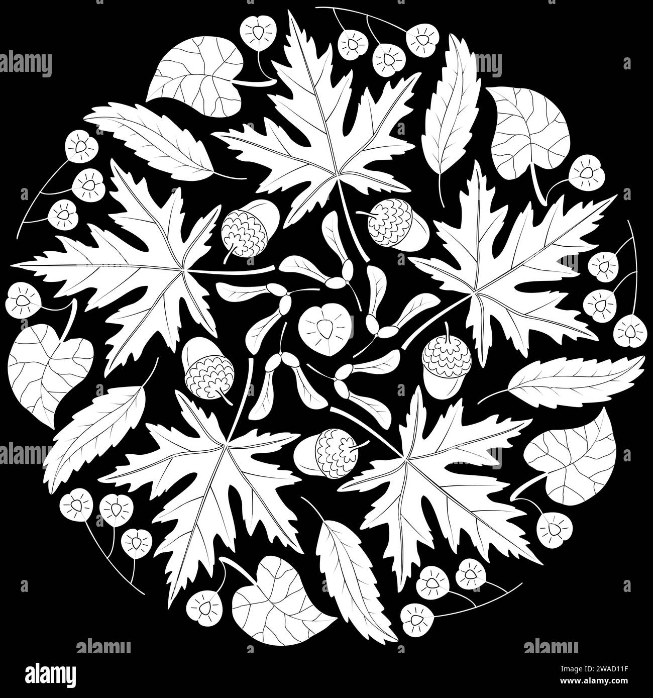 Autumn mandala with autumn leaves on black background. Coloring page ...