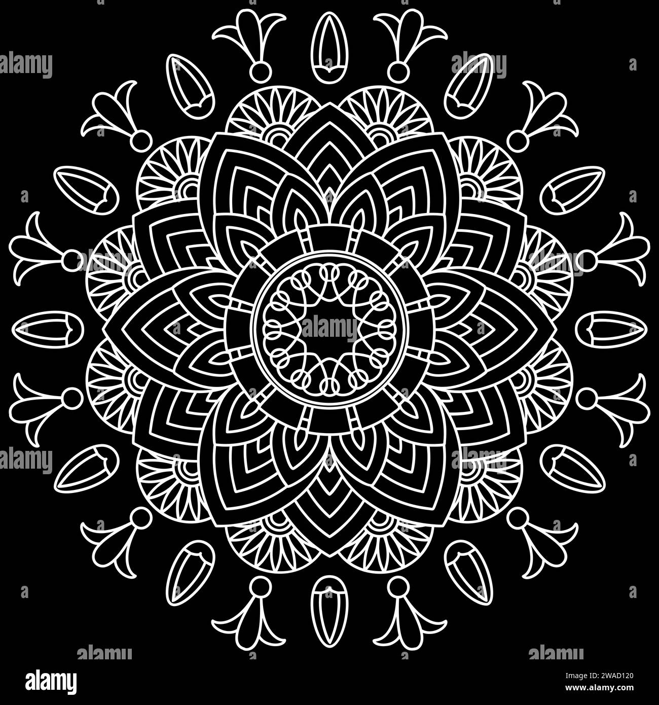 Mandala line art designs on black background. Coloring page for kids ...