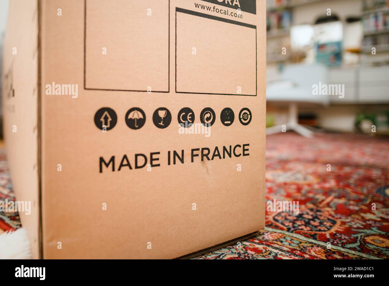 Paris, France - Nov 15, 2023: Morning image of a cardboard package of ...