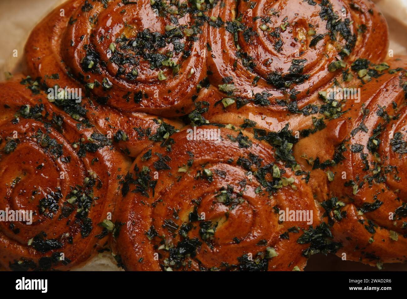Traditional Ukrainian bread (Pampushky) with garlic, top view Stock ...
