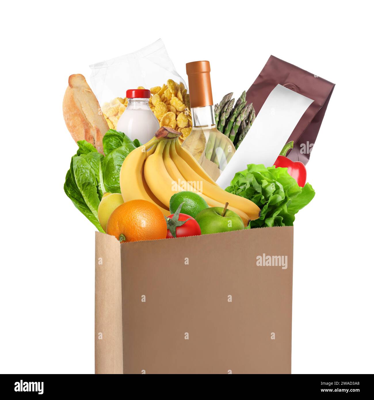 Paper bag with different products and receipt isolated on white Stock ...