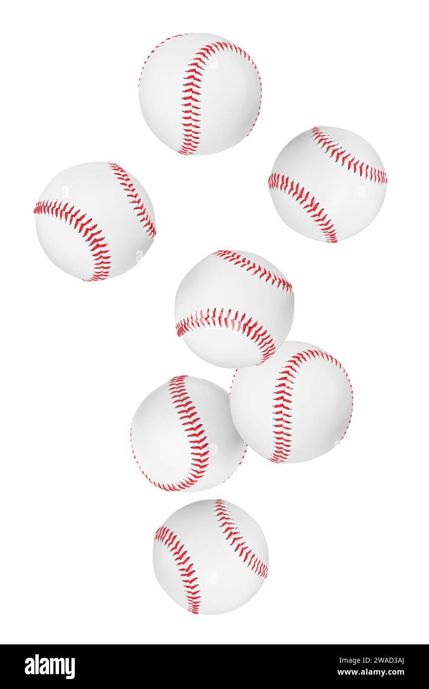Many baseball balls flying on white background Stock Photo - Alamy