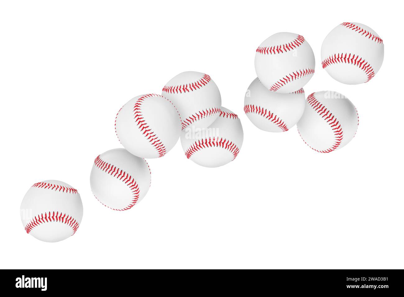 Many baseball balls flying on white background Stock Photo - Alamy