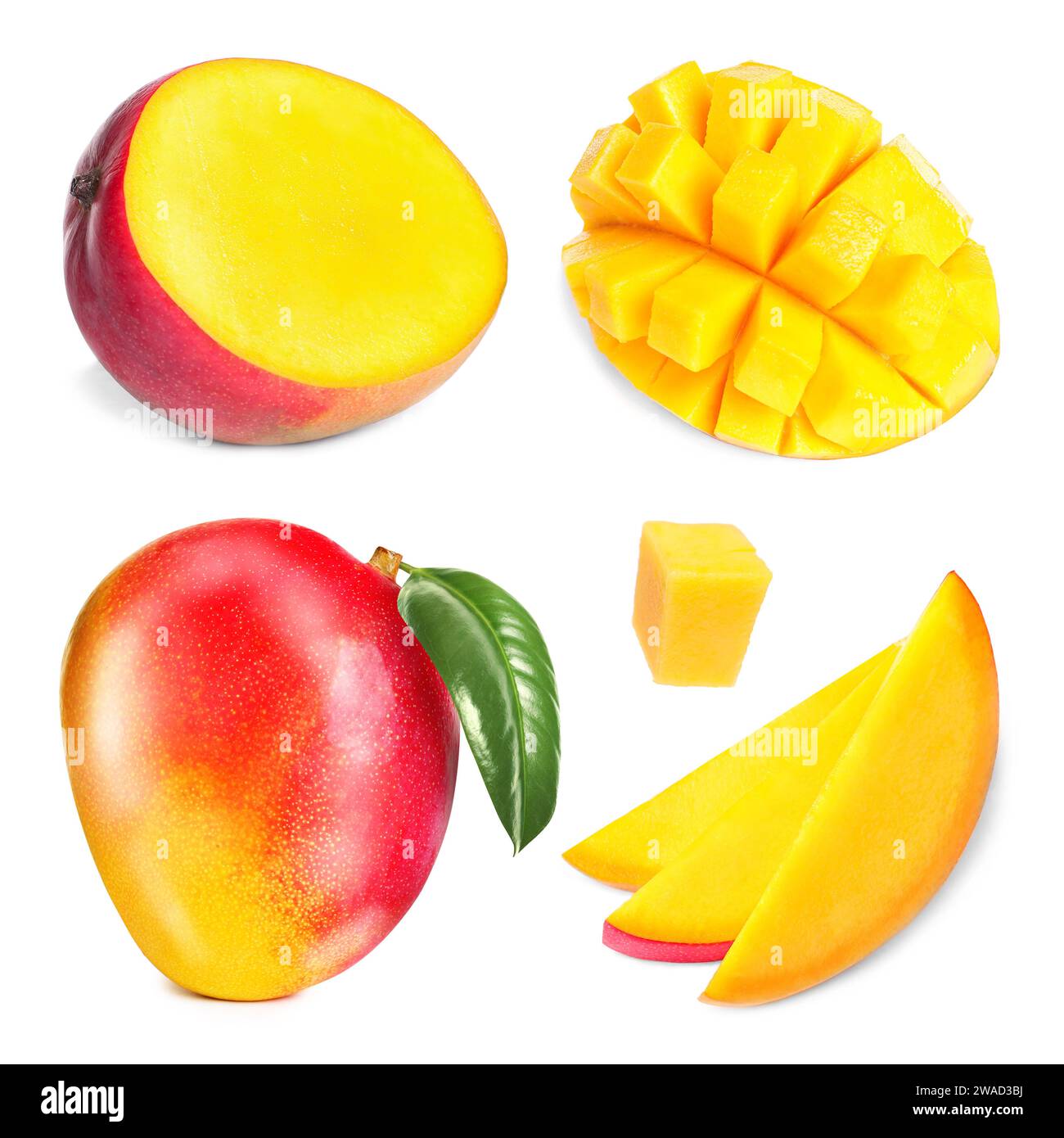 Whole and cut mango fruits isolated on white Stock Photo - Alamy