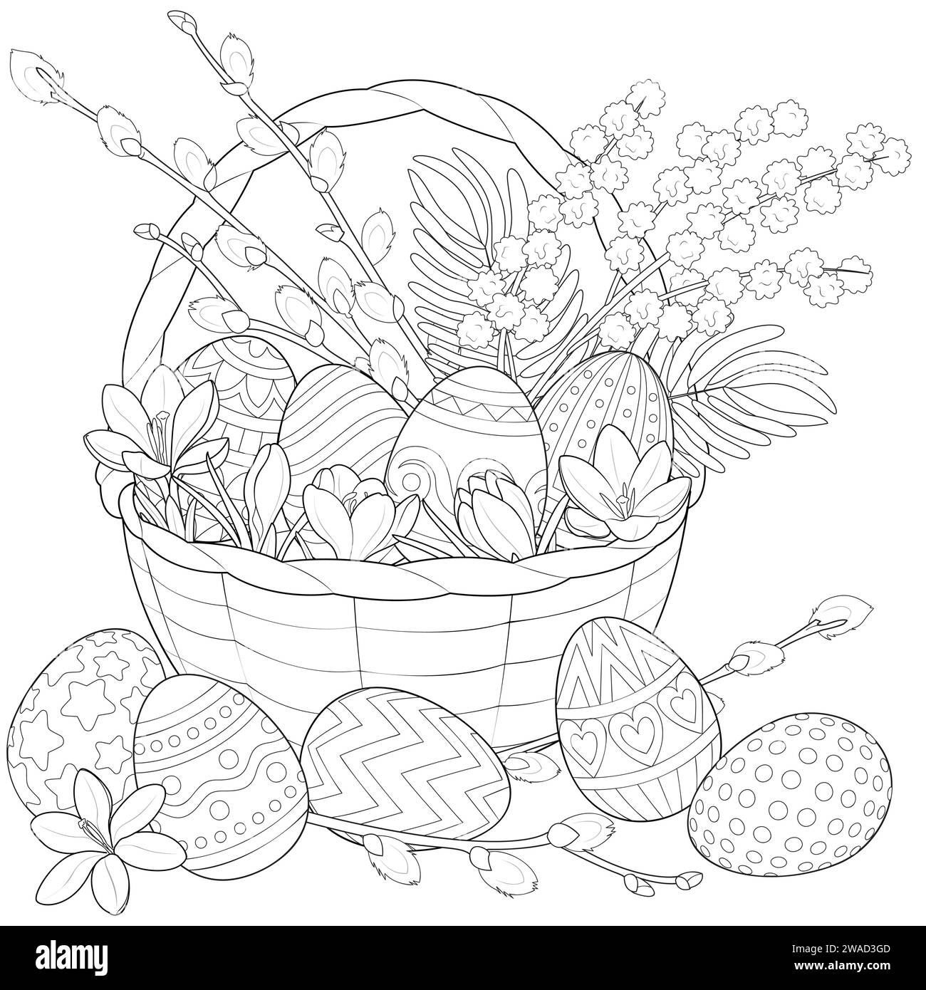 Easter basket with eggs and flowers. Coloring page for kids and adults ...