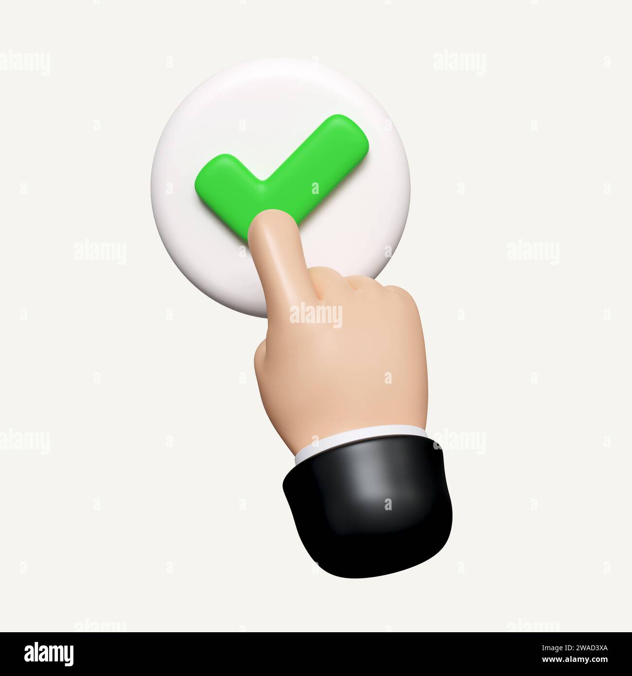 3D hand presses green button with check mark. Accepting, agree concept ...