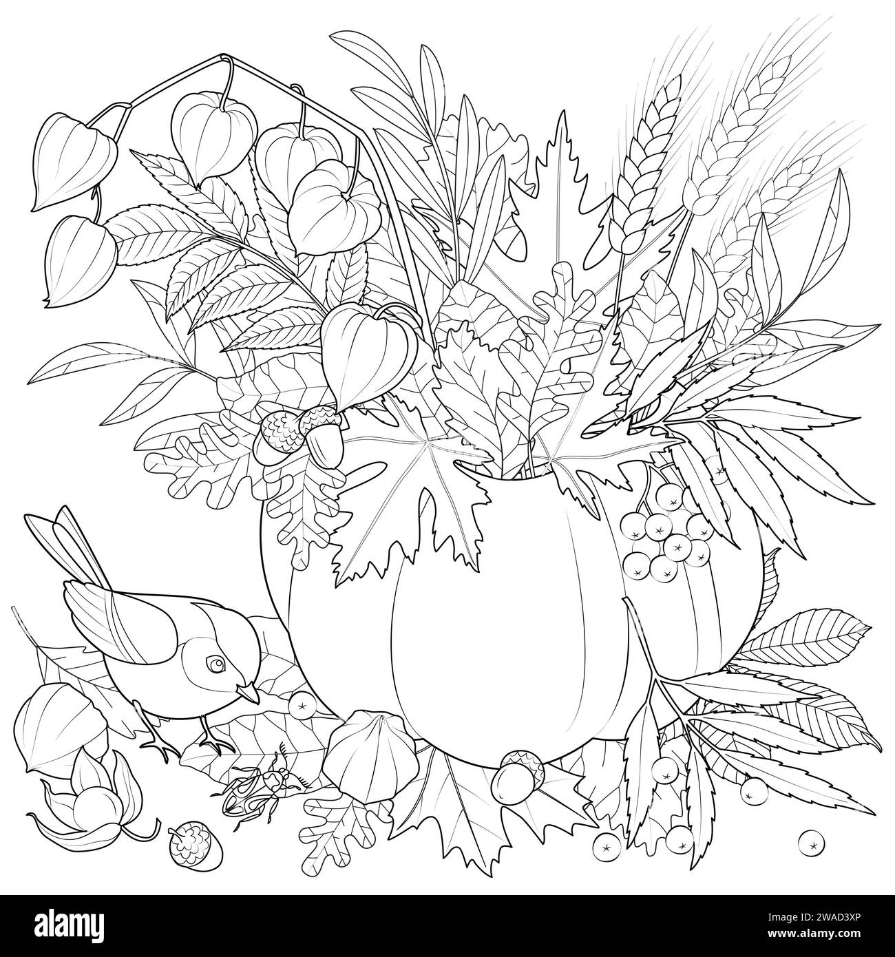 Bouquet of autumn leaves in a pumpkin. Bird and autumn leaves. black ...