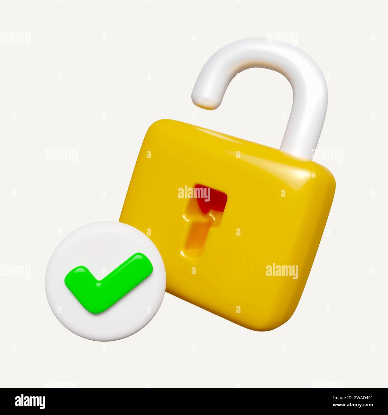 3d Yellow unlocked padlock icon with green check symbol. Security ...