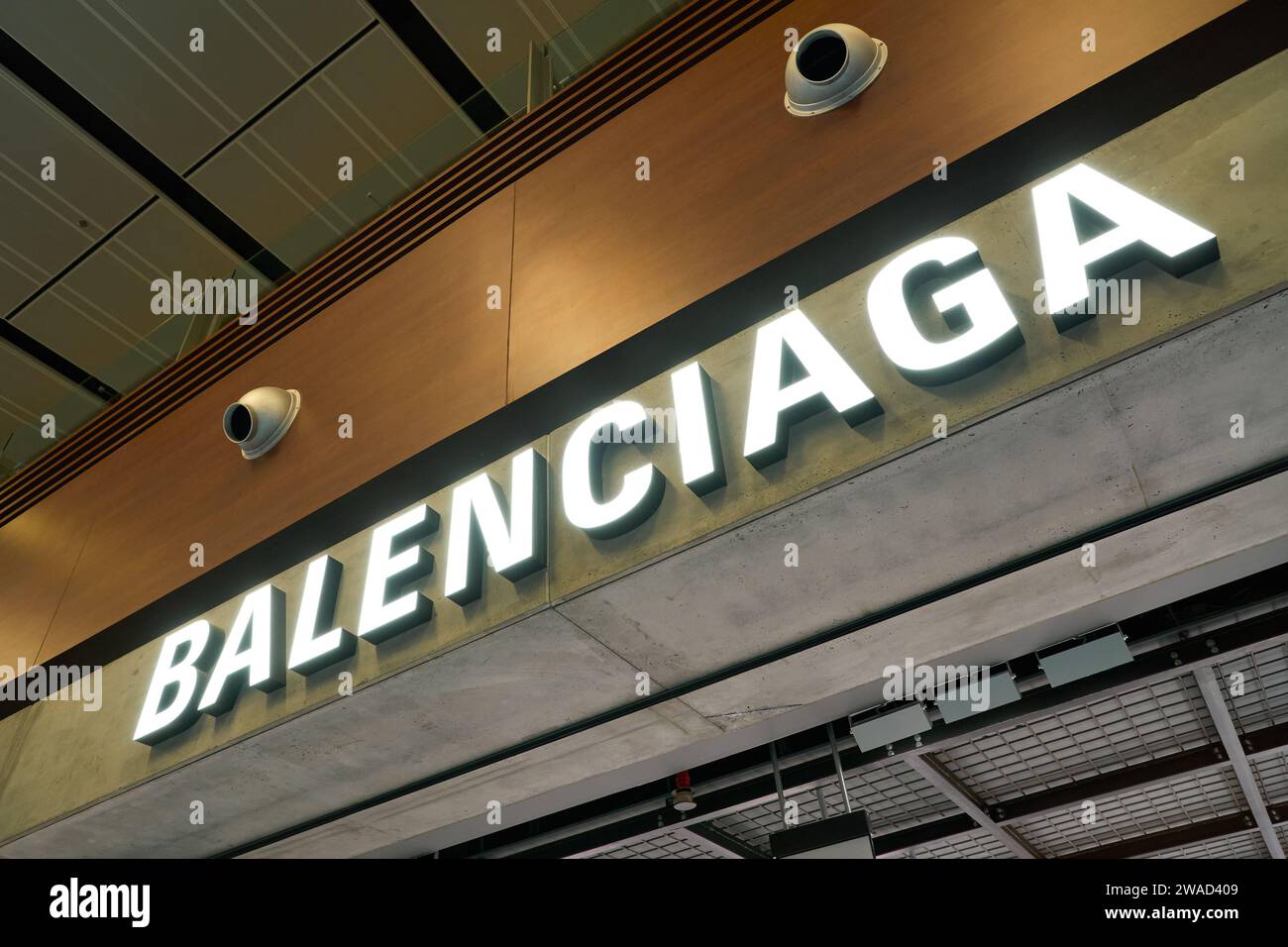 SINGAPORE - NOVEMBER 07, 2023: close up shot of Balenciaga sign as seen ...