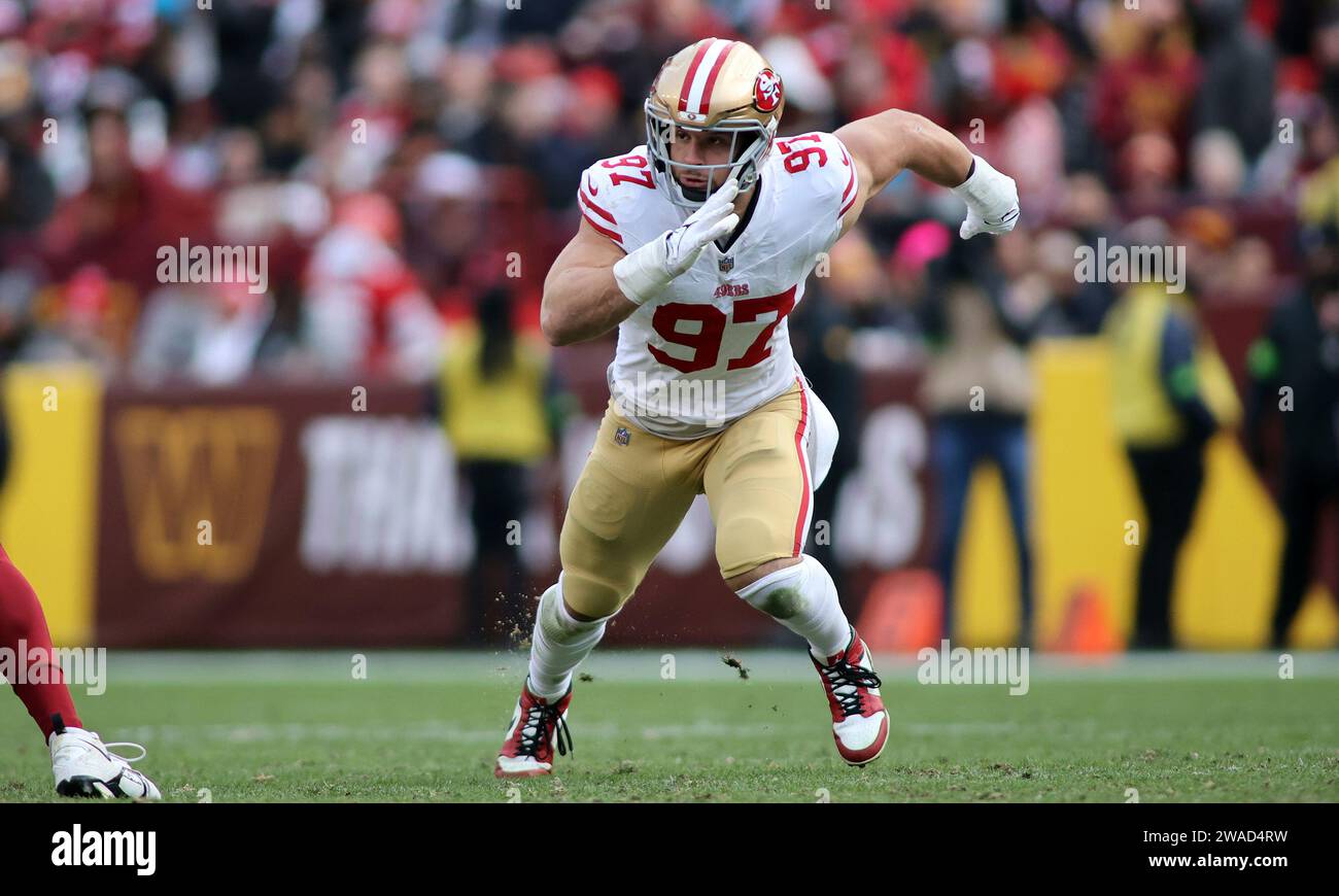 San Francisco 49ers defensive end Nick Bosa (97) runs during an NFL ...
