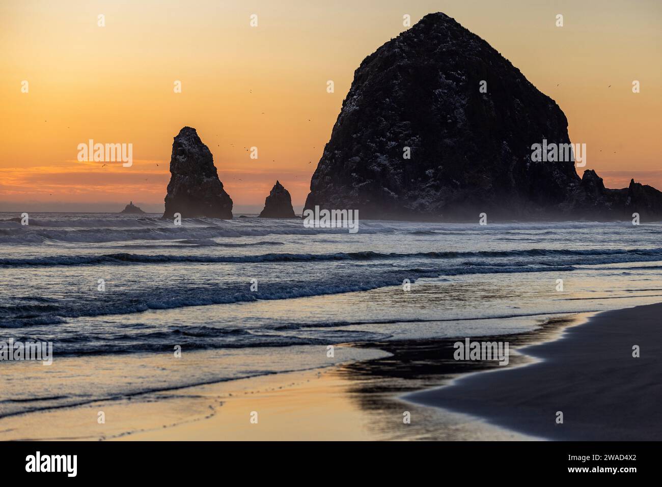 USA, Oregon, Silhouette of Haystack Rock at Cannon Beach at sunset ...